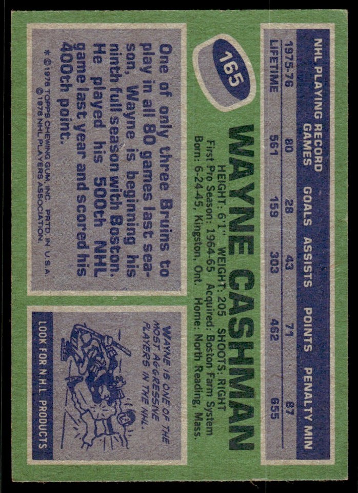 1976-77 Topps Hockey Card Wayne Cashman Boston Bruins #165 | eBay