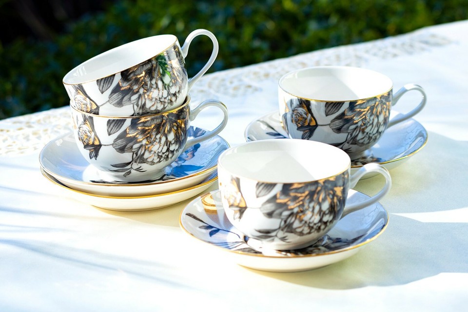 Grace Teaware Black Gold Peony Fine Porcelain Tea Cup and Saucer | eBay