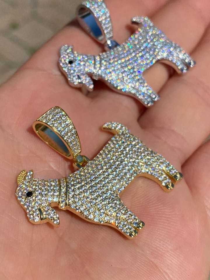 Real Solid 925 Sterling Silver GOAT Pendant Bling Necklace Iced Gold ...