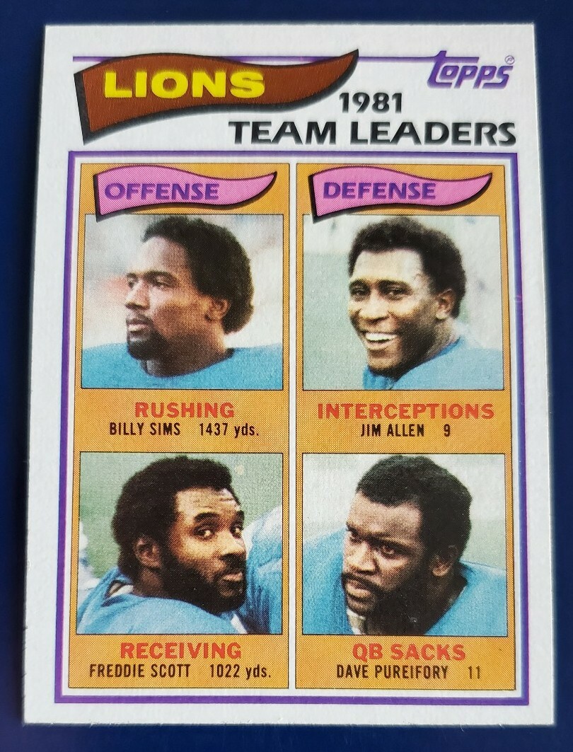 1982 Topps Lions Team Leaders Billy Sims, Freddie Scott, Dave Pureifory ...