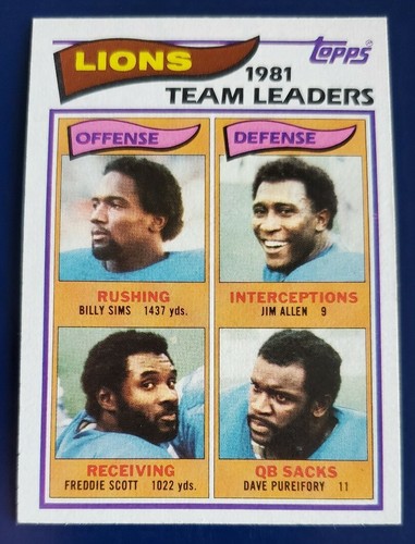 1982 Topps Lions Team Leaders Billy Sims, Freddie Scott, Dave Pureifory ...