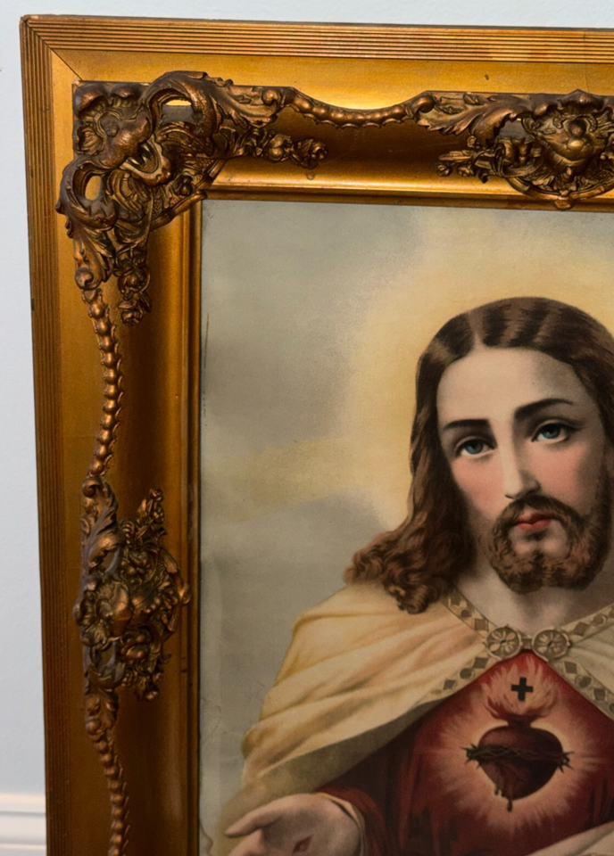 GORGEOUS ANTIQUE 1800's NUNS CONVENT FRAMED SACRED HEART JESUS 27" x 23 ...
