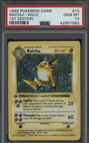 PSA 10 RAICHU 14/102 1ST EDITION 1999 Base Set HOLO RARE Pokemon Card ...