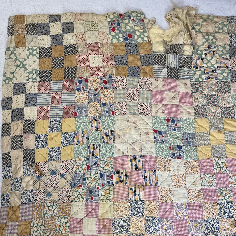 Antique Cutter Quilt Patchwork 64x80” 9 Patch Florals Stained Ripped | eBay
