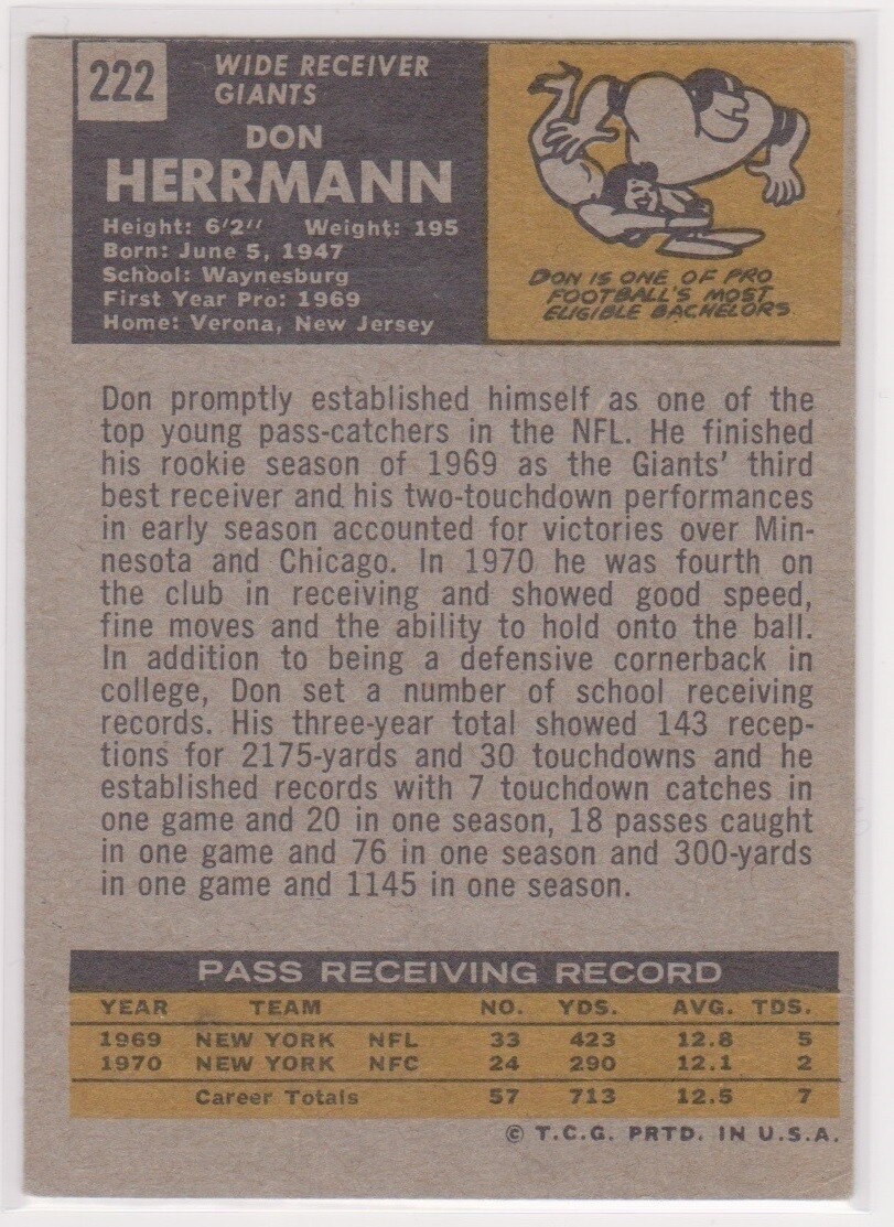 1971 Topps DON HERRMANN - Football Card # 222 - NEW YORK GIANTS | eBay