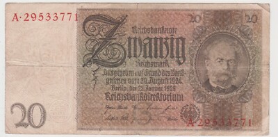 GERMANY 20 Reichsmark 1929 banknotes paper money Pick-181 A-series | eBay