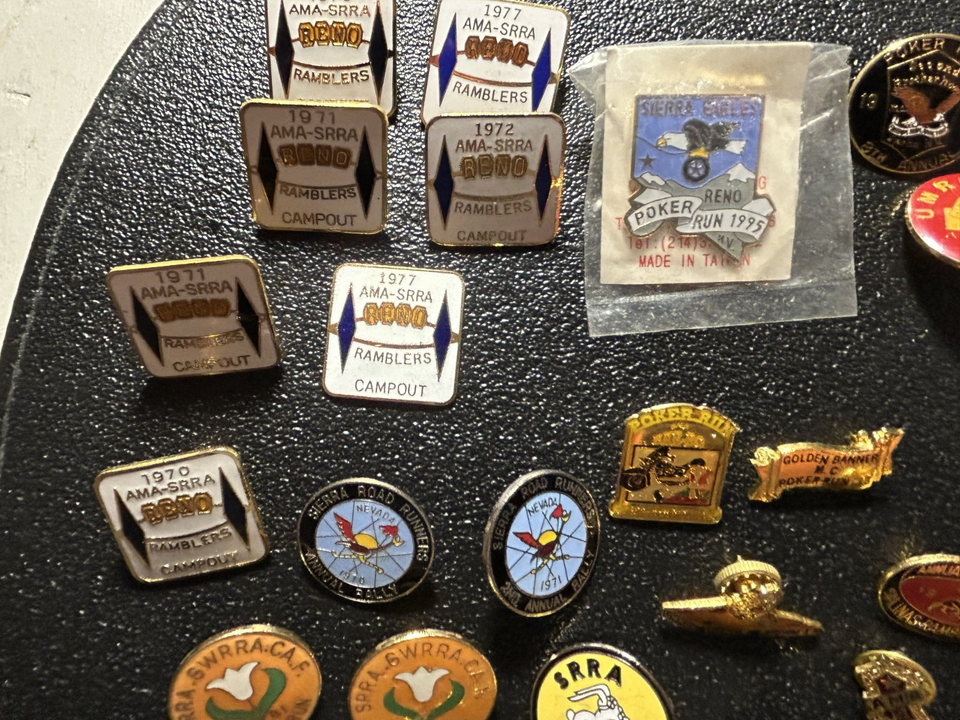 VINTAGE LOT 40 MOTORCYCLE PINS Street VibEs Metal Music AMA Dice Poker ...