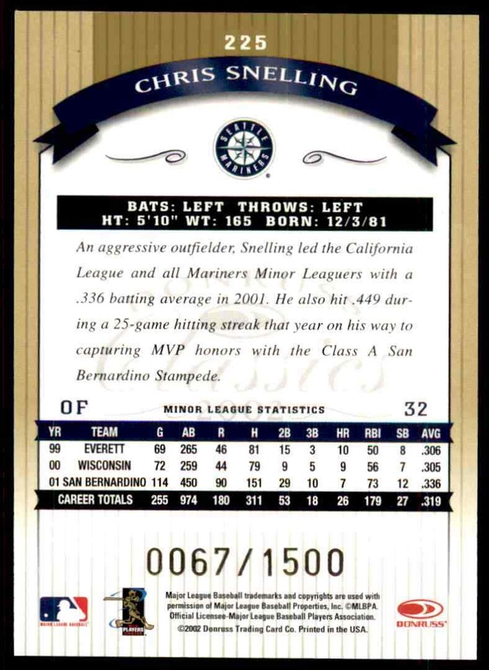2002 Donruss Classics Rookie Card Chris Snelling 0067/1500 Seattle ...