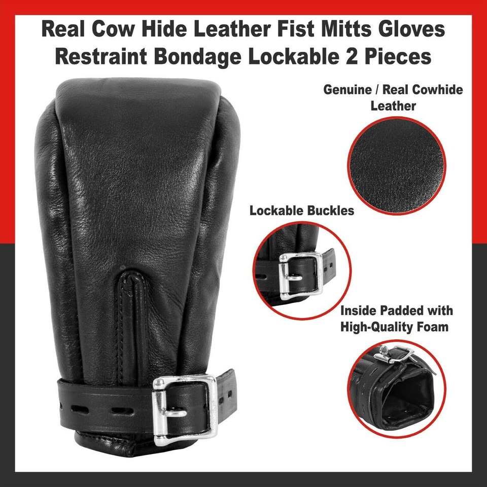 BDSM Leather Black Fist Mitts Gloves, Restraints Bondage Cuffs Lockable ...