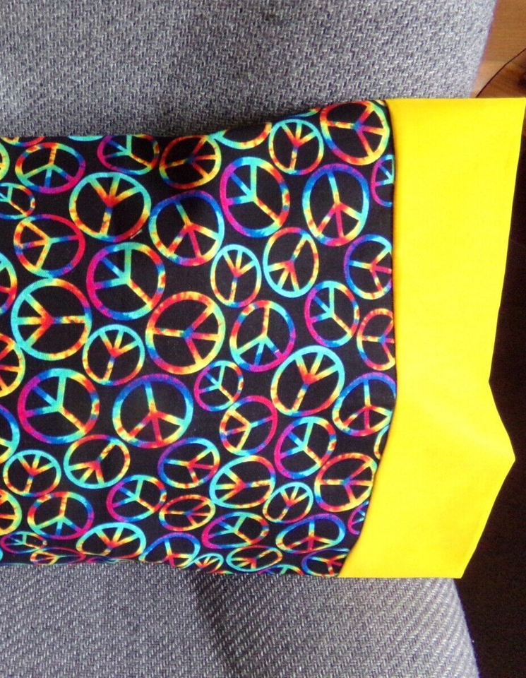 TRAVEL--TODDLER SIZE PILLOWCASE PEACE SIGN/ YELLOW CUFF 12" X 18" #4161 ...