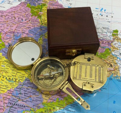 3"Brass Compass With Brown Wooden Box Marine Ship Brunton Handmade ...