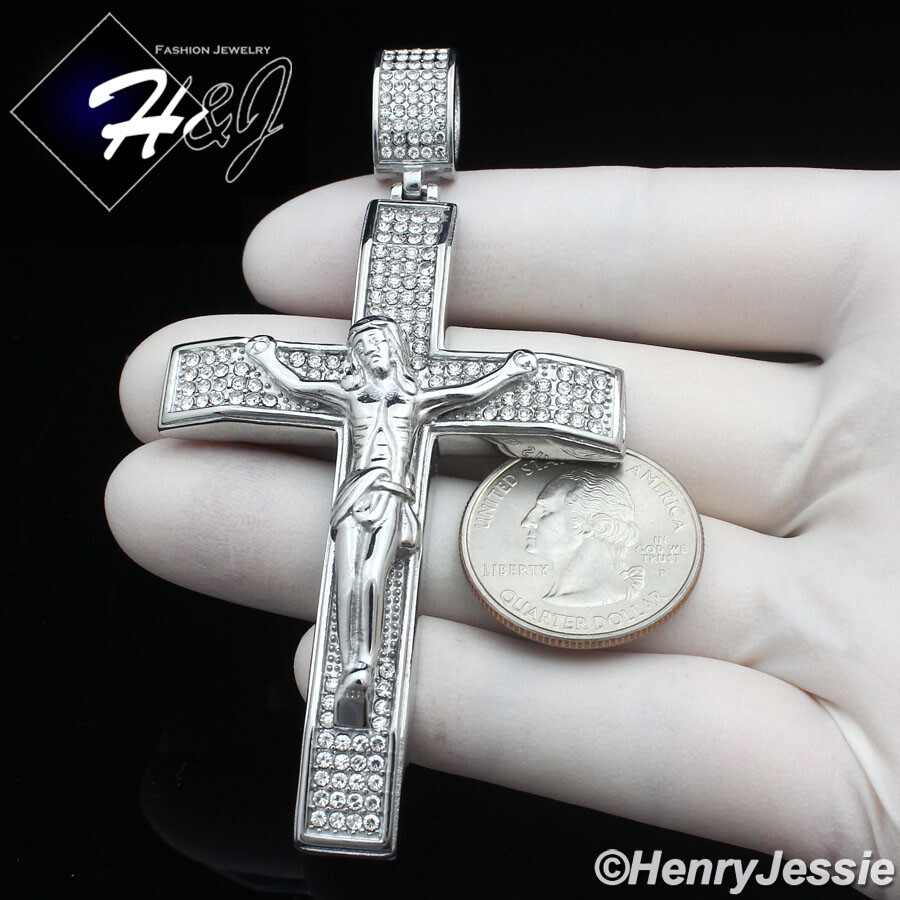MEN STAINLESS STEEL ICY BLING CZ SILVER/GOLD PLATED BIG JESUS CROSS ...