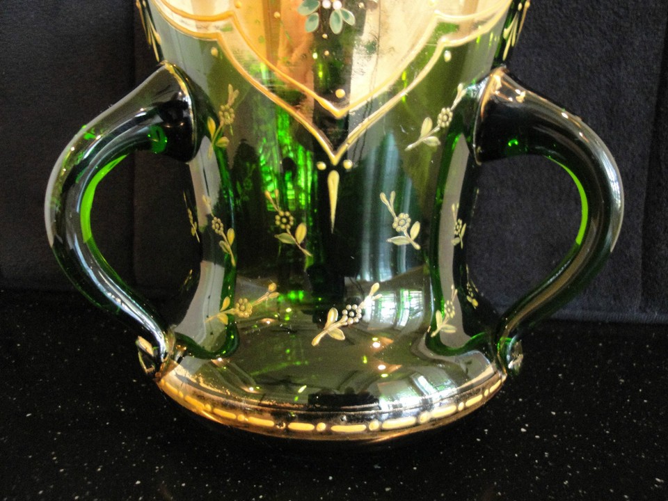SIGNED GREEN MOSER GLASS THREE-HANDLED LOVING CUP W/ GILT & ENAMEL ...