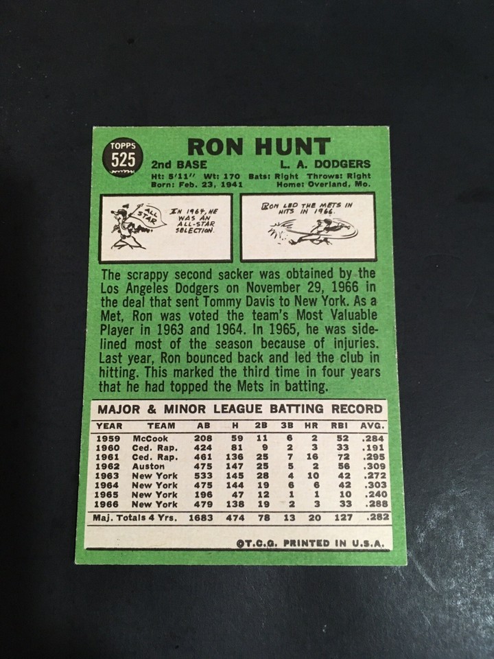1967 TOPPS RON HUNT, #525, NM (Free Shipping On Any 3!) | eBay