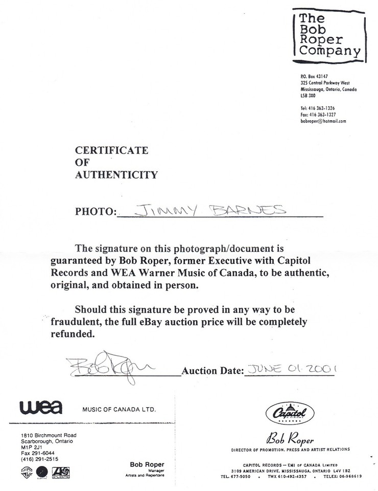 JIMMY BARNES Signed B & W Photograph Gold Sharpie COA Capital Records 7 ...