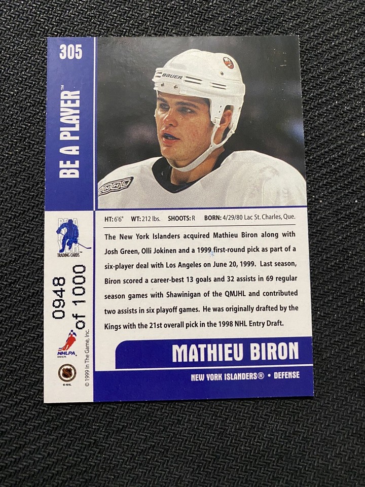 1999-00 Be A Player Hockey Silver #305 Mathieu Biron Autograph #/1000 ...