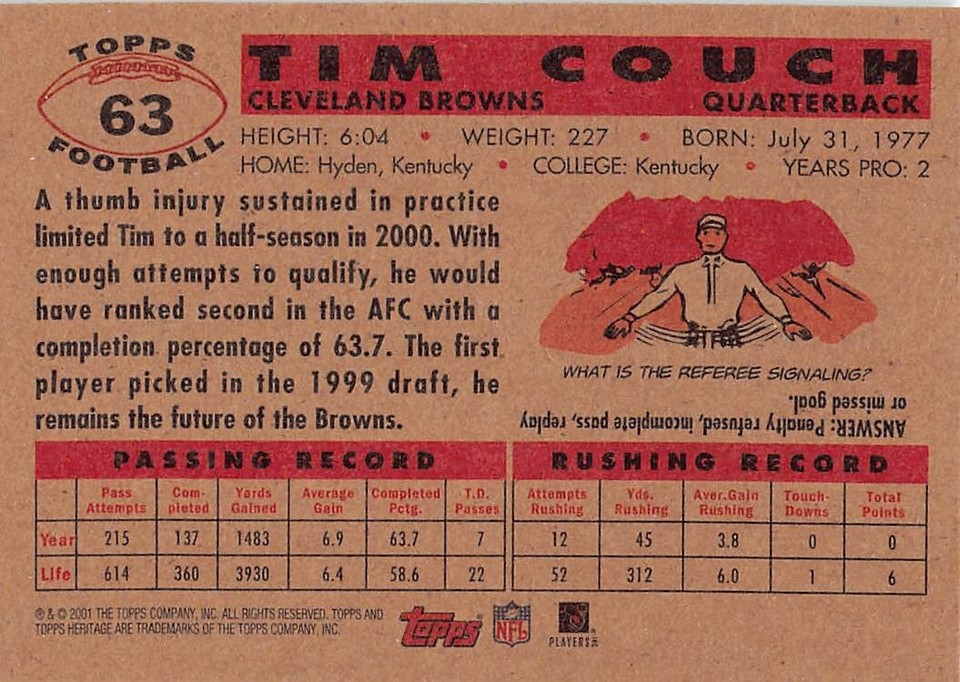 2001 Topps Heritage Football Tim Couch #63 NM/MT CLEVELAND BROWNS HIGH ...