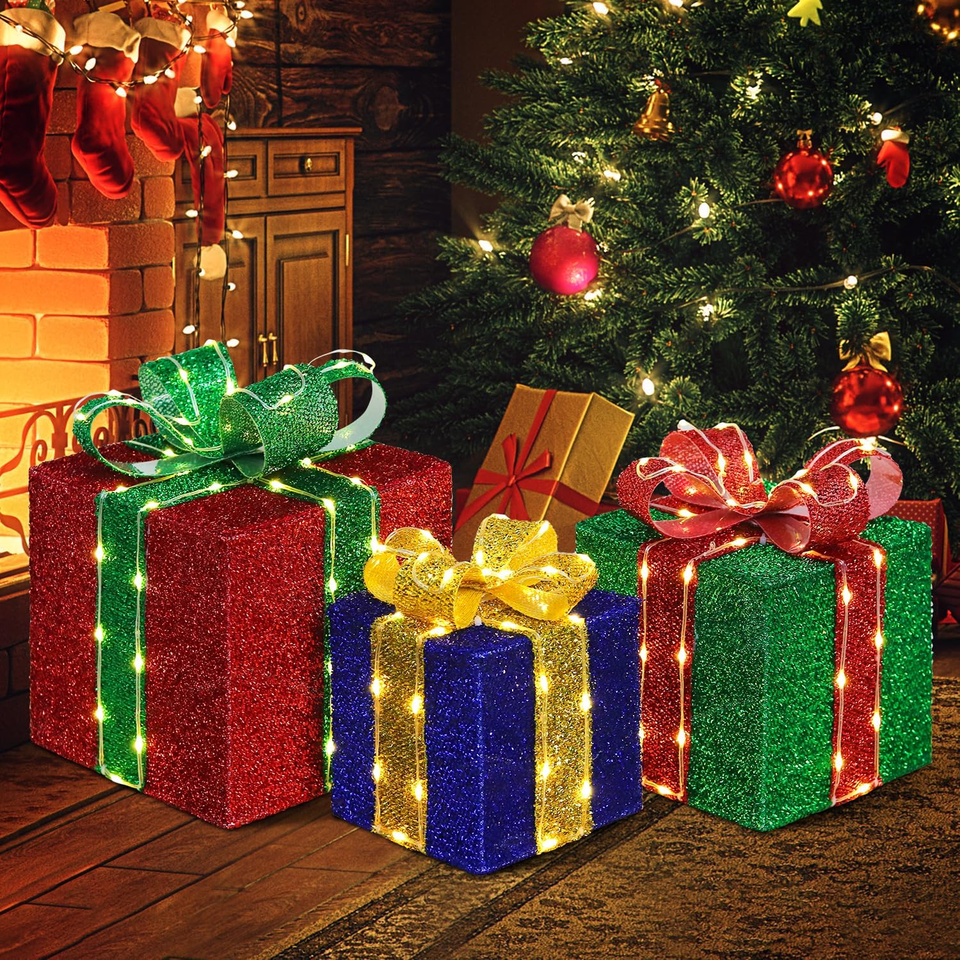 Set of 3 Christmas Lighted Gift Boxes, 160 Led Light up Present ...