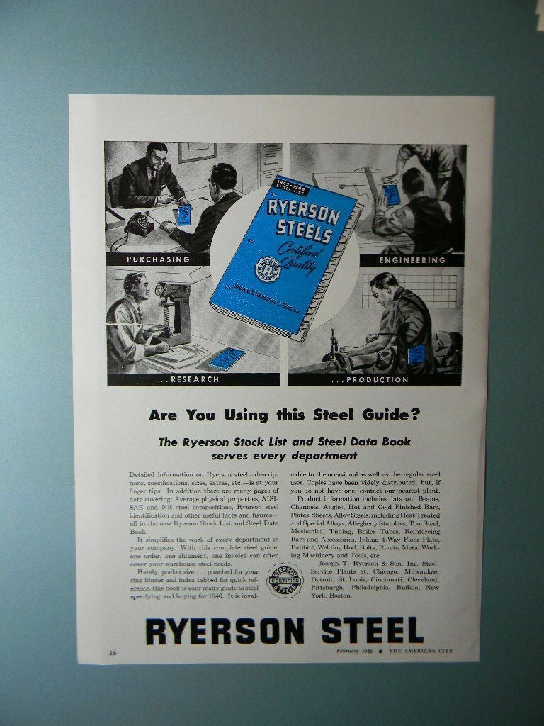 1946 RYERSON STEELS STOCK LIST AND STEEL DATA GUIDE SALES ART AD | eBay