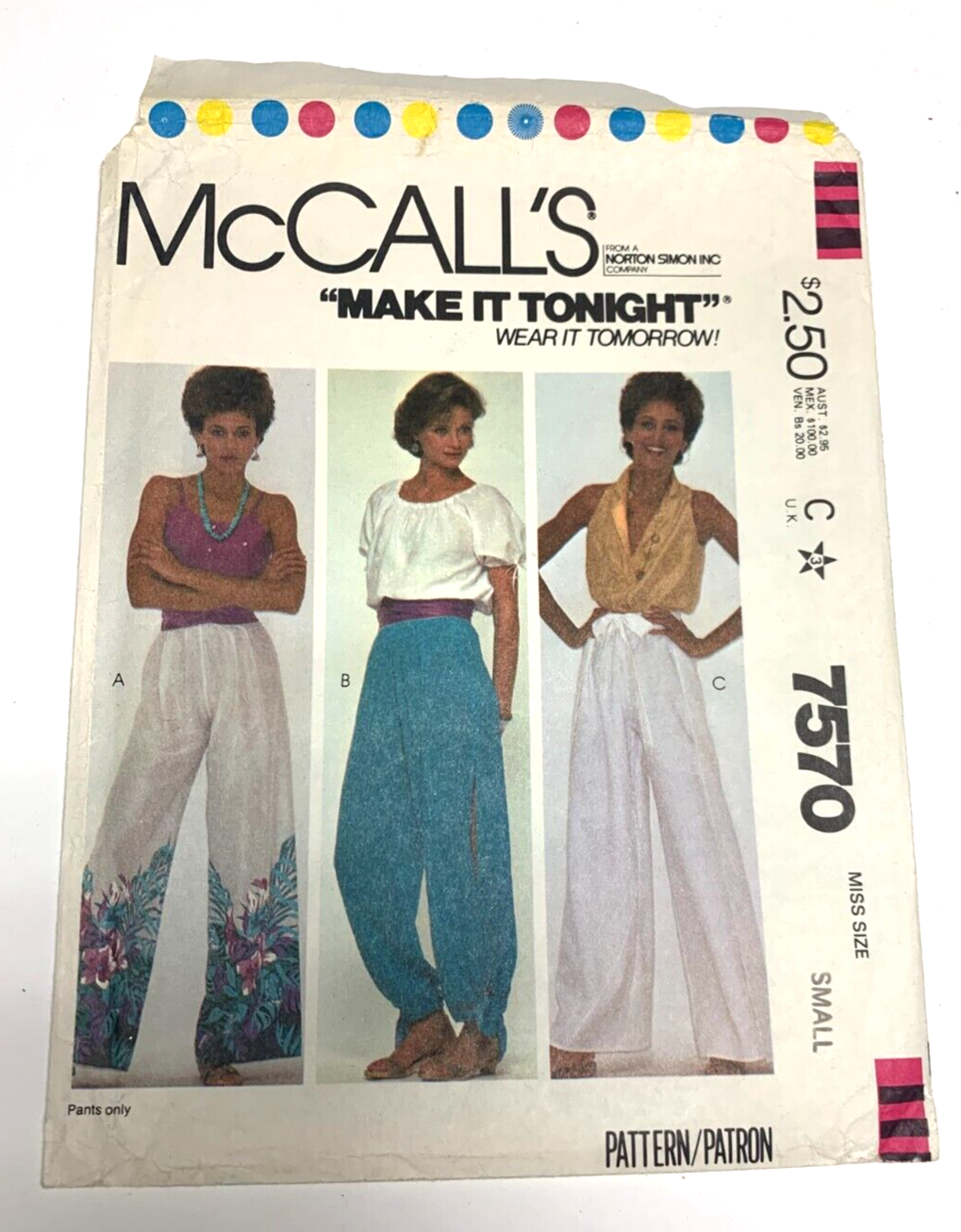 McCall's 7570 Miss Gene Pants, Bellbottom pants Sewing Pattern SZ Small ...