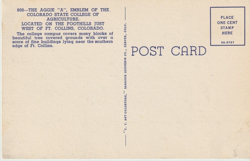 CT Art Colortone Sanborn Vintage Linen Postcard Aggie A Emblem Colorado ...