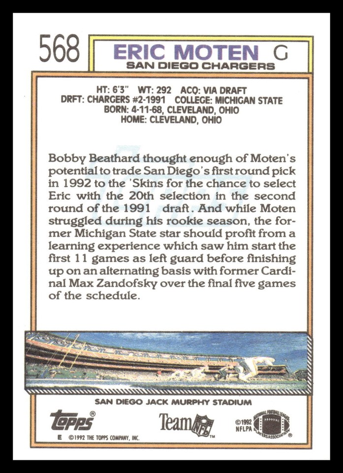 1992 Topps #568 Eric Moten San Diego Chargers Football Card NM | eBay