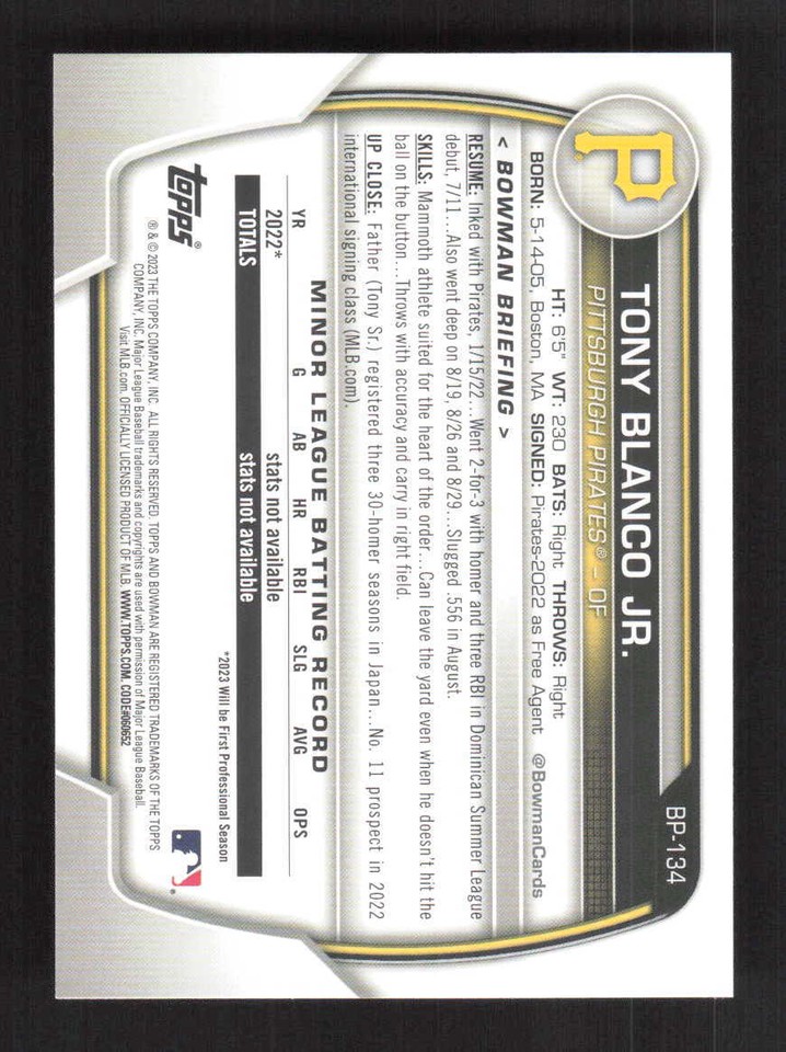 Tony Blanco Jr. 1st 2023 Bowman Pittsburgh Pirates #BP-134 | eBay