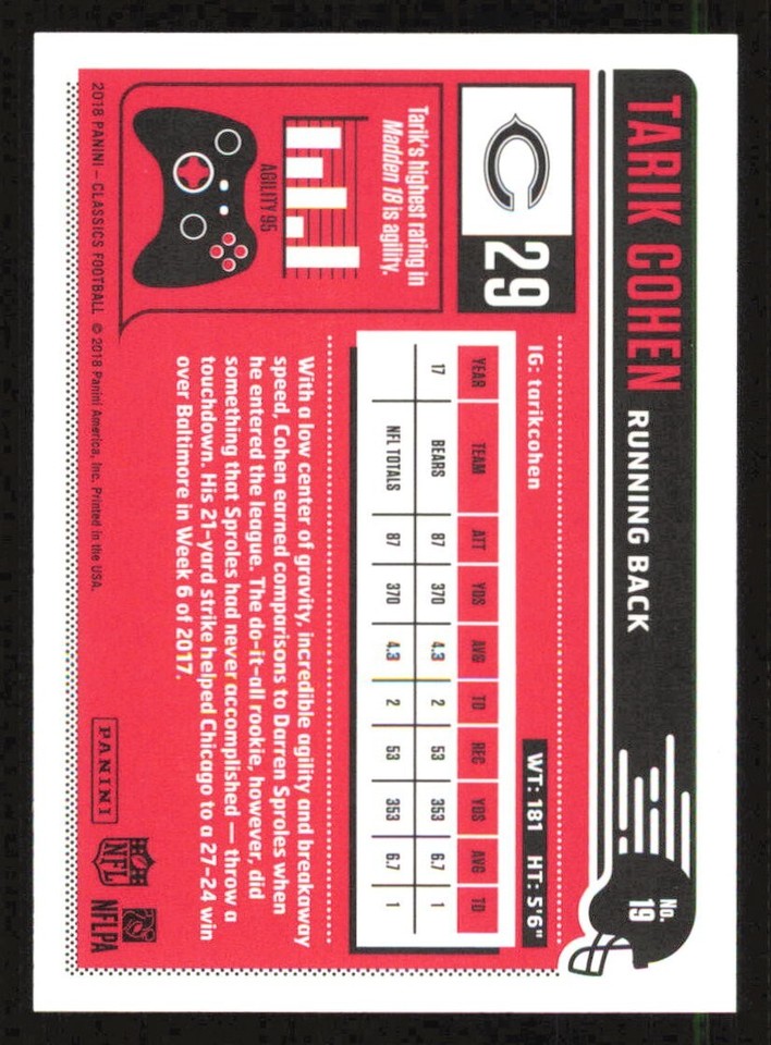 2018 Classics TARIK COHEN Red Back Football card #/299 CHICAGO BEARS | eBay