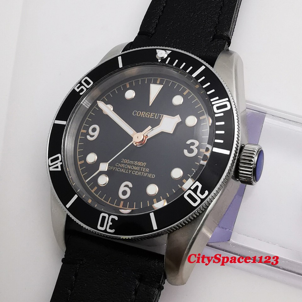 Corgeut automatic men's watch sapphire glass black dial rotating bezel ...