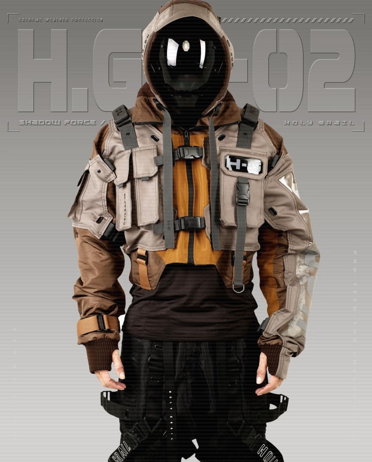 Men's Techwear Brown Jacket Hoodie Full Zip Buckle Holygrail H.G.C-02 ...