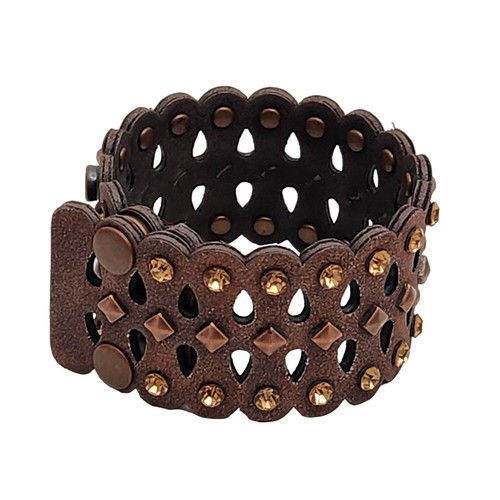 Faux Leather Studs and Rhinestones Wide Bracelet Snap Closure ...
