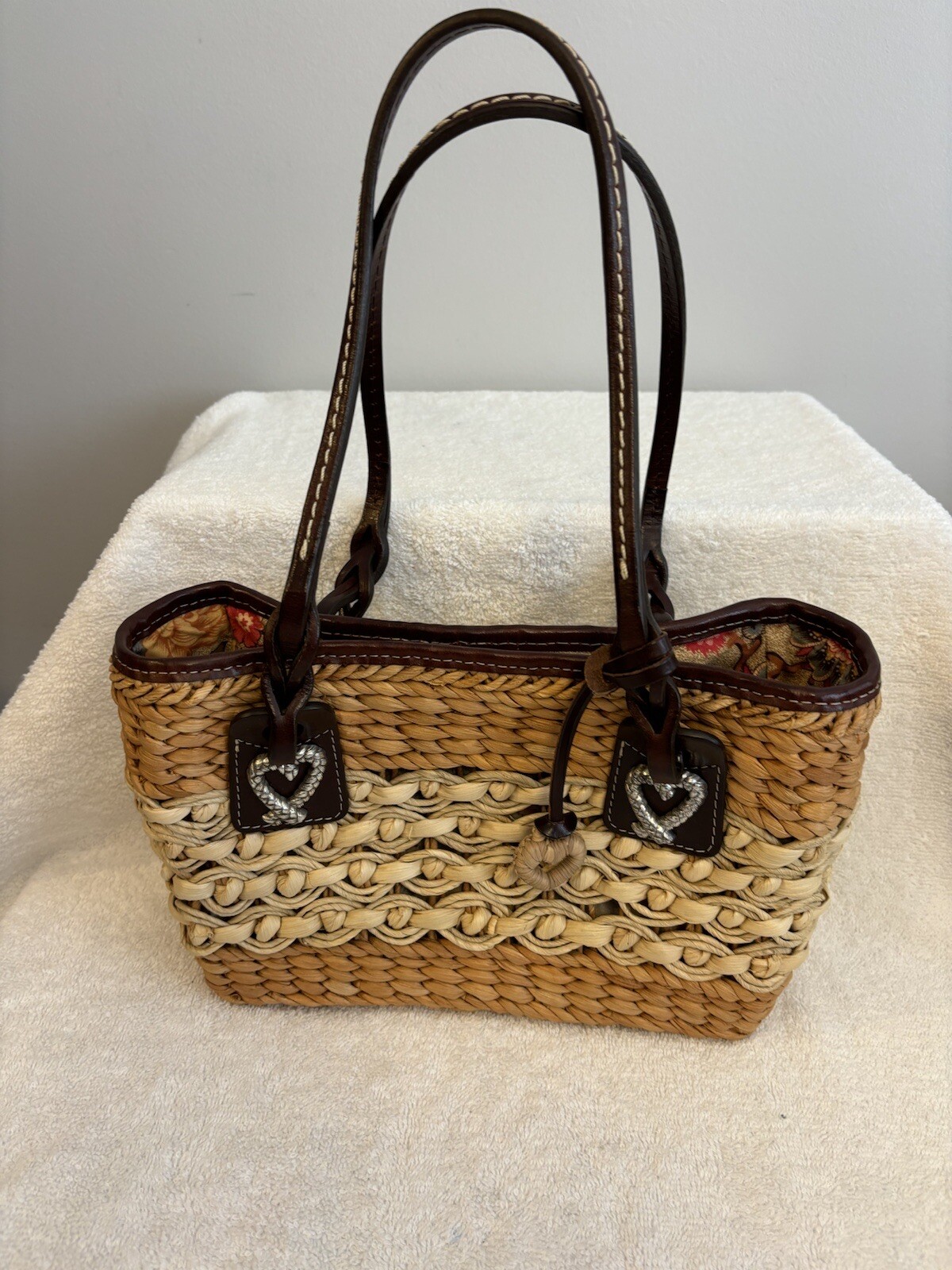BRIGHTON STRAW HANDBAG/TOTE PURSE BEIGE BAG WITH BROWN LEATHER TRIM | eBay