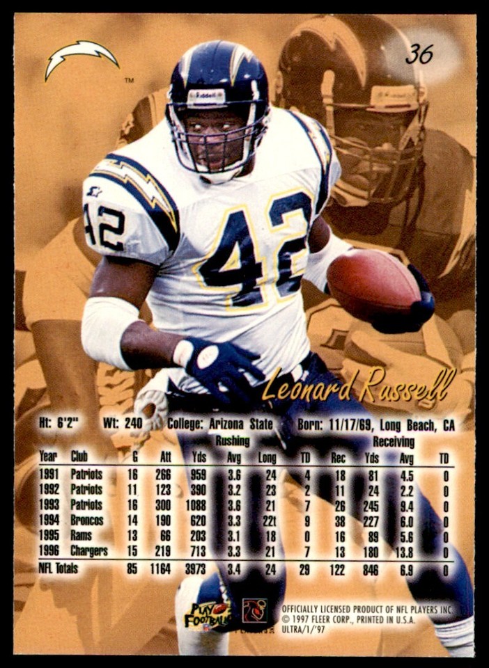 1997 Fleer Ultra Leonard Russell San Diego Chargers #36 | eBay