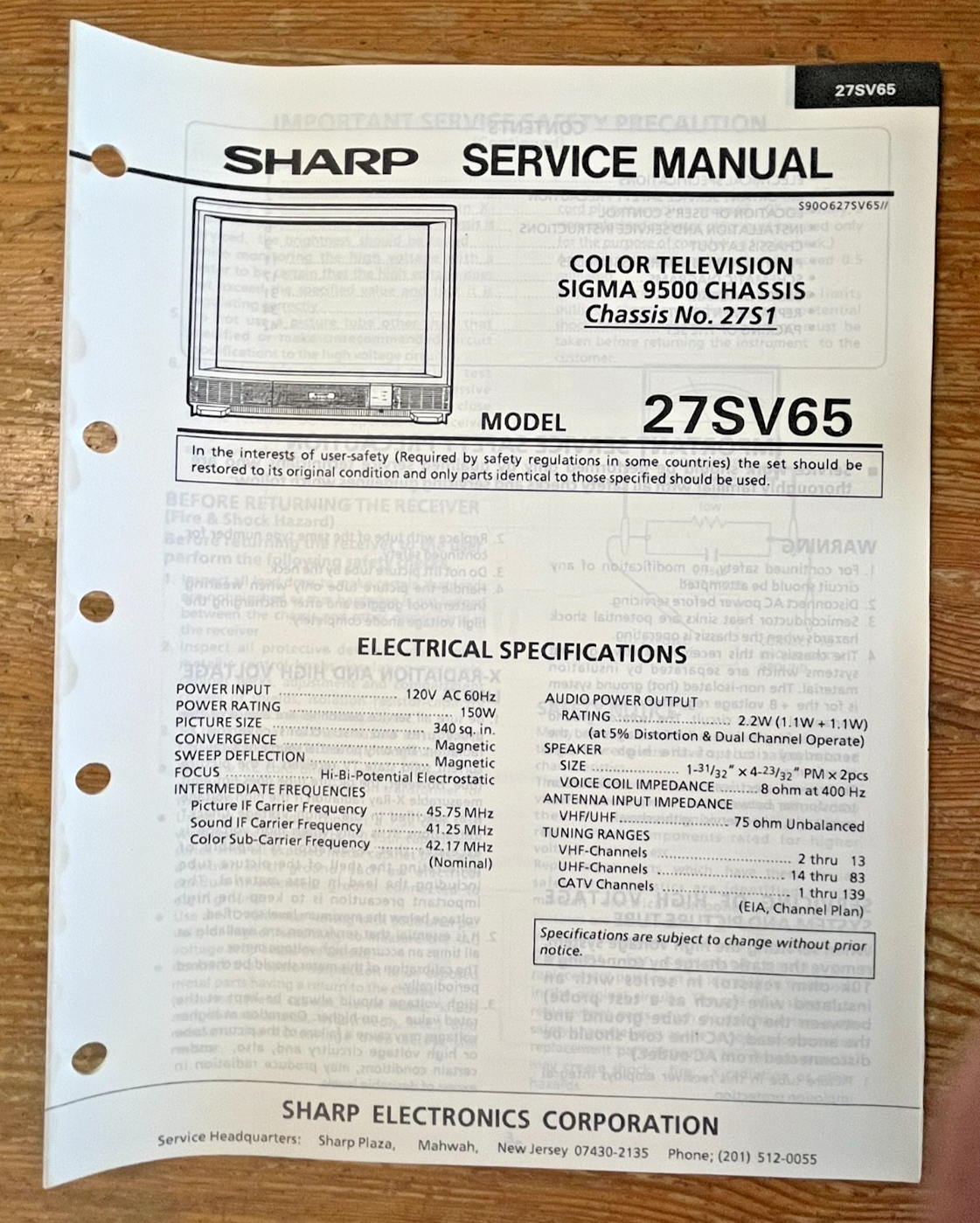 Sharp Service Manual Color Television 27SV65 TV Sigma 9500 Chassic 27S1 ...