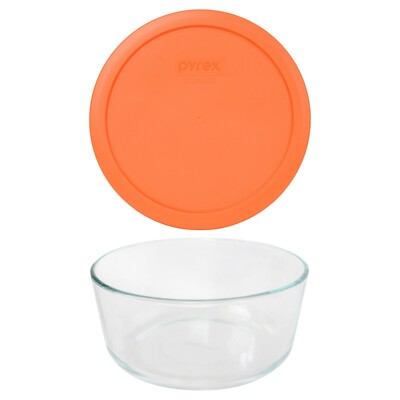 Pyrex 7203 7-Cup Round Glass Food Storage Bowl with 7402-PC Orange Lid ...