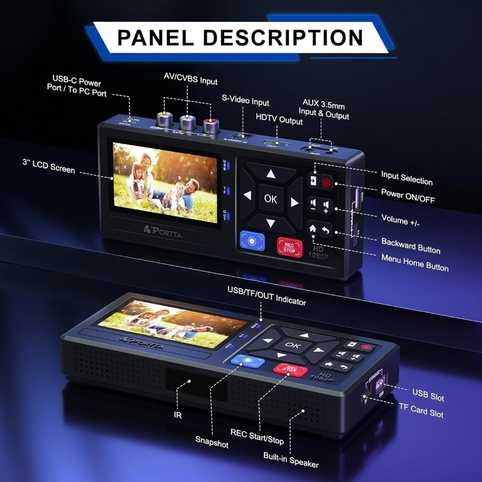 Portta VIDEO Capture Box Composite VHS to 1080P 60hz Digital Recorder ...