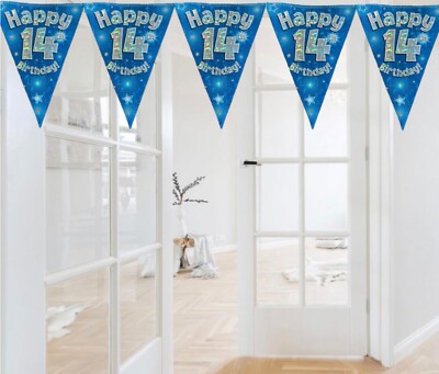 Happy 14th Birthday blue themed bunting flags banner. 14th party ...