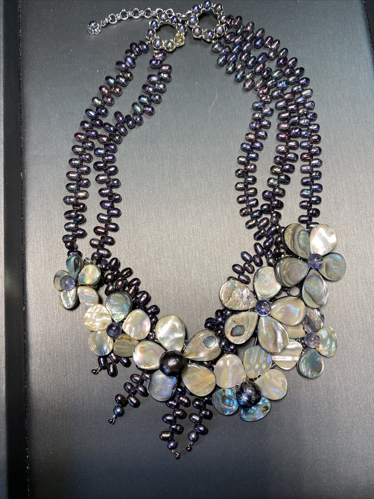 Siman Tu NYC Y2K Vintage Black Mother Of Pearl Abalone Flower Fringe Necklace 18 | eBay