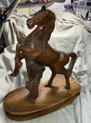 Vintage Hand Carved Rearing Bucking Stallion Dark Wood 17” Tall With ...