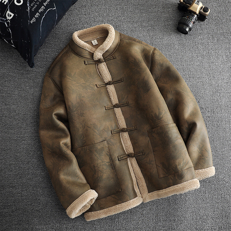 Chinese Style Jacket Men's Fleece Casual Coat Stand Collar Warm Hanfu ...