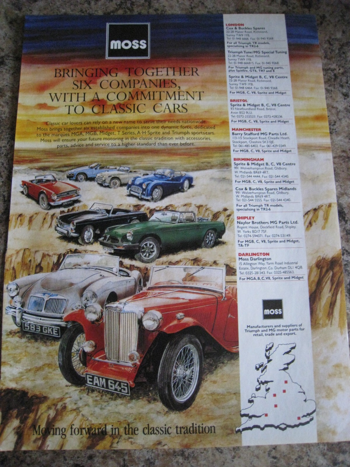 MOSS BRINGING TOGETHER SIX COMPANIES MGA MGB MIDGET 1989 ADVERT A4 APPR ...