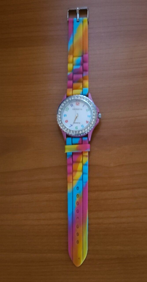 Women's Geneva Quartz Analog Watch w/ Rhinestones & Rainbow Silicone ...