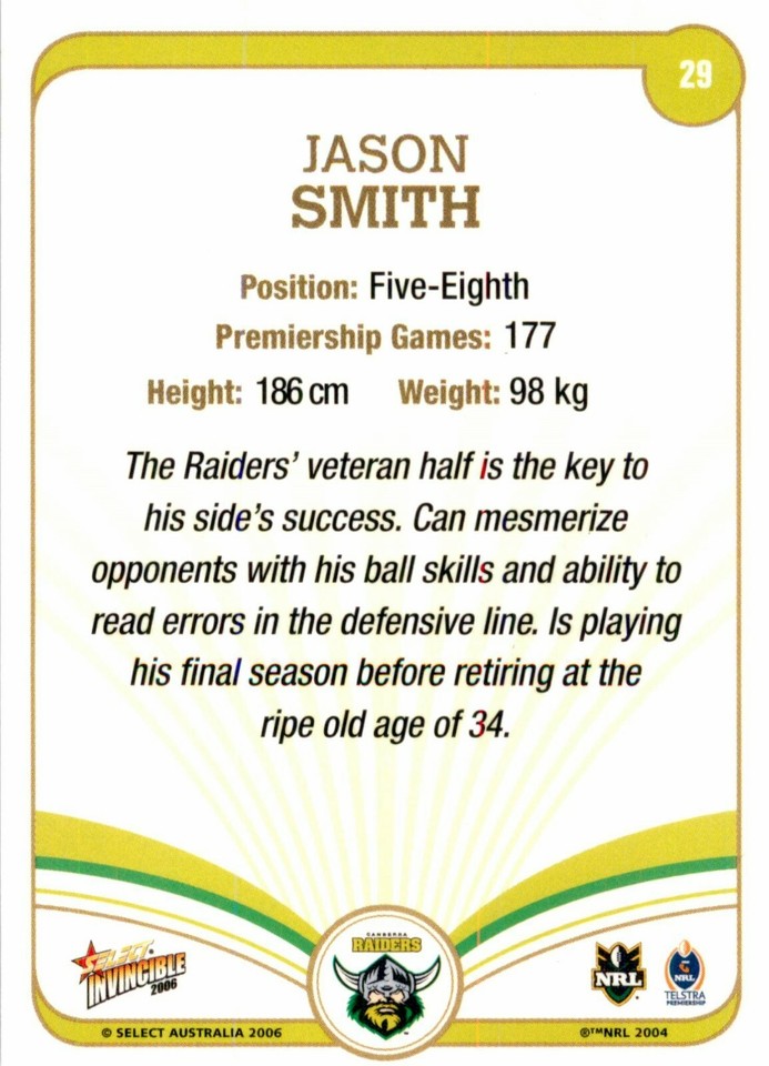 2006 CANBERRA RAIDERS NRL Card JASON SMITH | eBay