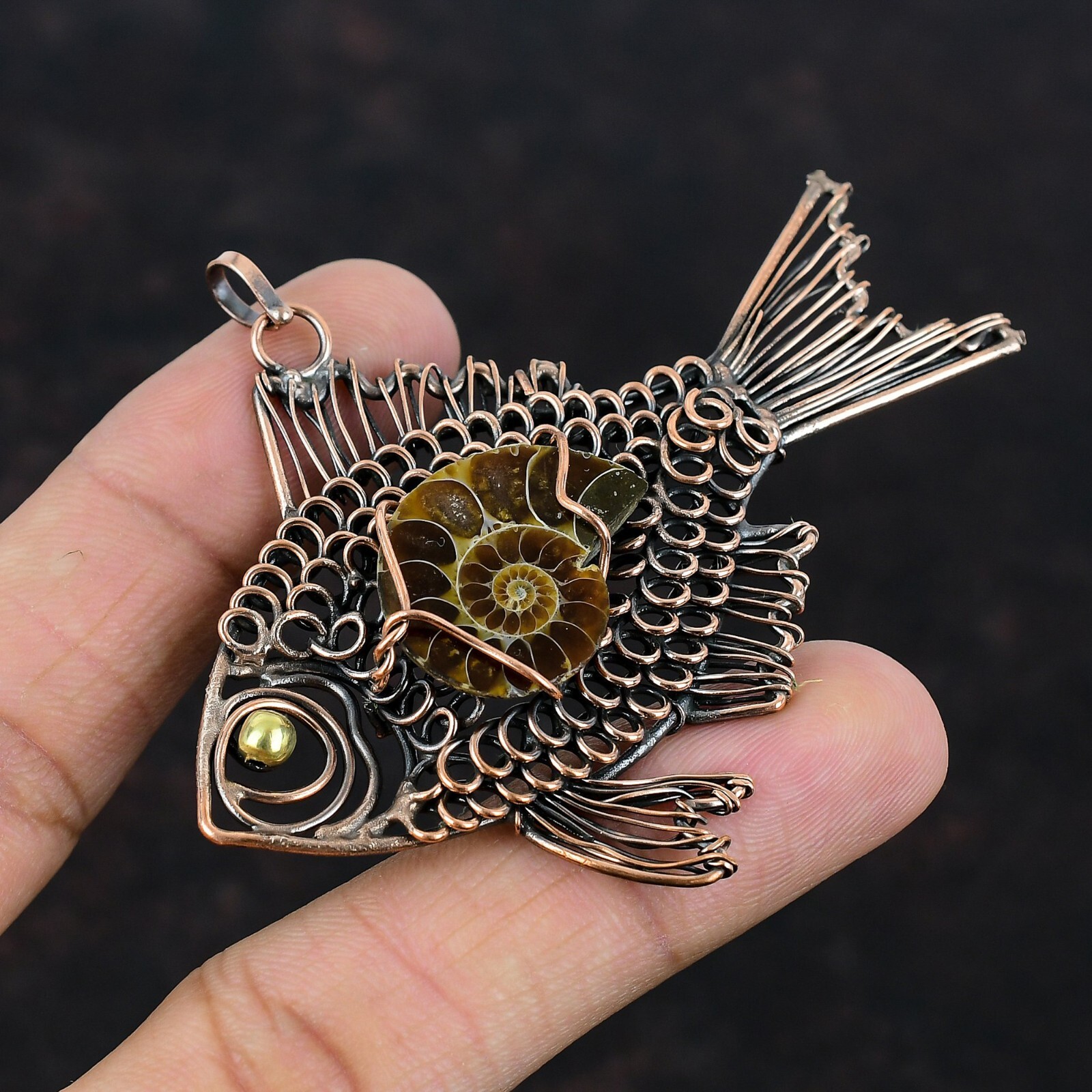 Gift For Her Ammonite Fossil Wire Wrapped Fish Pendant Copper Jewelry 2 ...