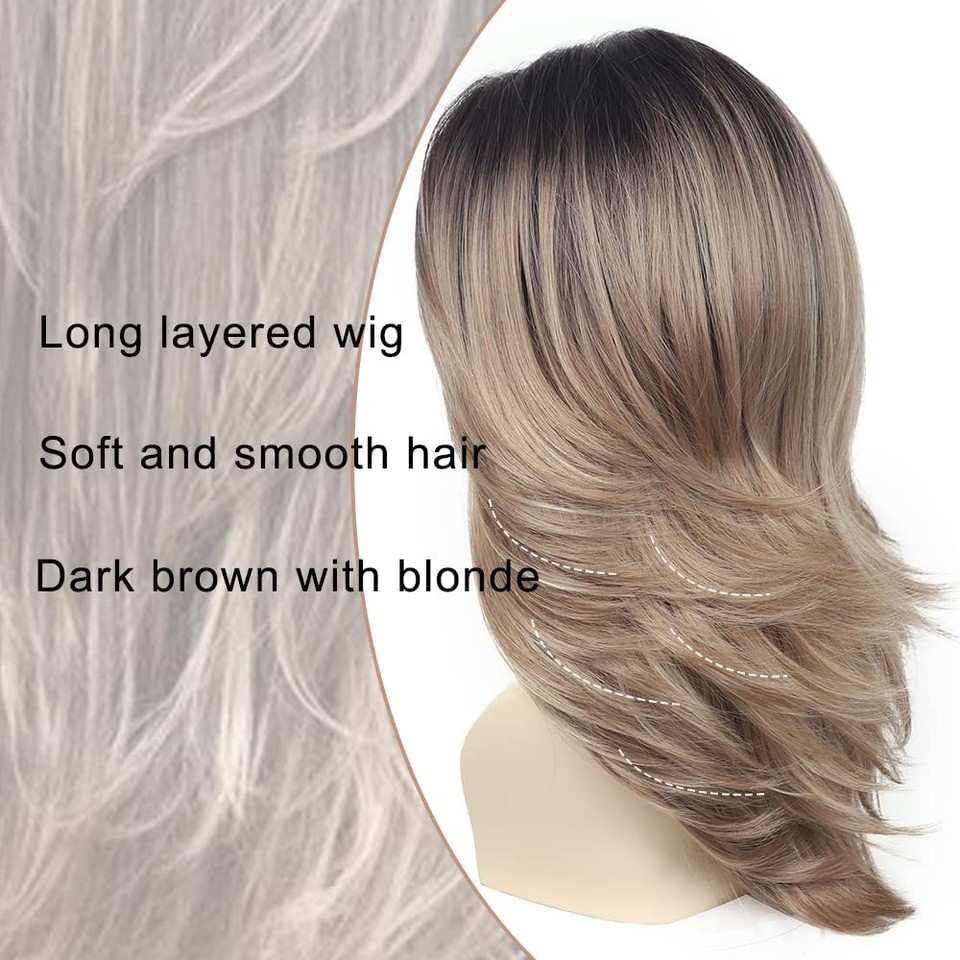 Long Layered Wavy Wigs for Women Synthetic Natural Hair Wig Ombre Dark ...