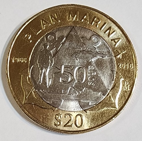 MEXICAN COIN $20 PESOS 50 AÑOS PLAN MARINA 1966-2016 MONEDA DIE CHIP y ...