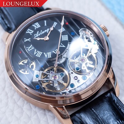Mens Double Flywheel Skeleton Automatic Mechanical Leather Watch Rose ...