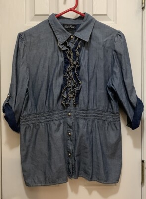 Ruffle front chambray roll tab button up top sz XXL (fits like a L) | eBay