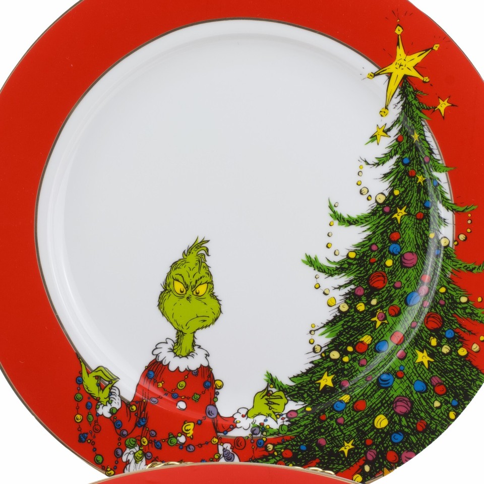 Dr Seuss Grinch Dinner Plates Set of 4 Christmas Holiday Red Gold Rim ...