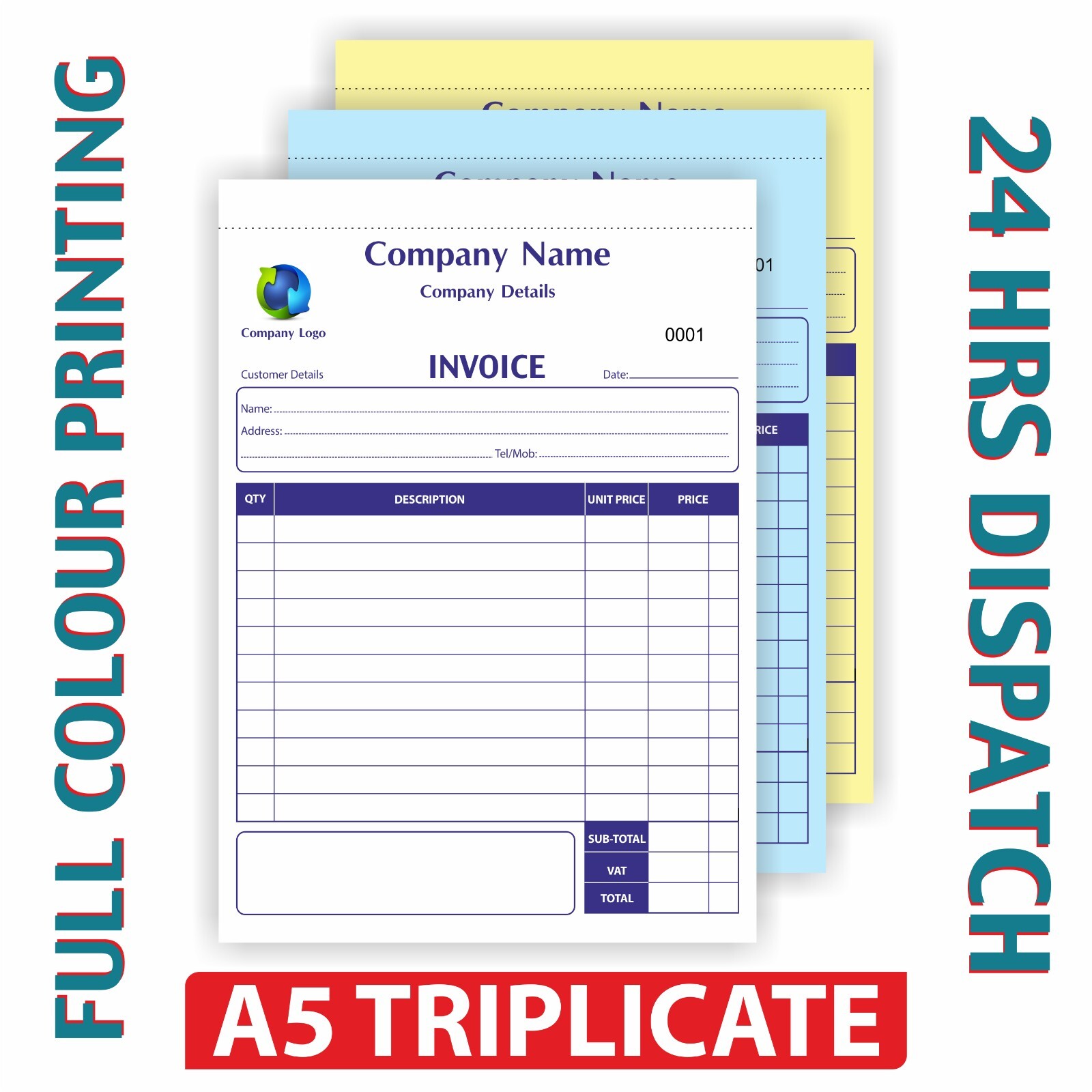 Personalised A5 Triplicate Invoice Book / NCR Pad Printing / 50 Sets ...